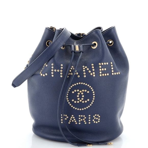 CHANEL | Bags | Chanel Deauville Drawstring Bucket Bag Studded Caviar ...